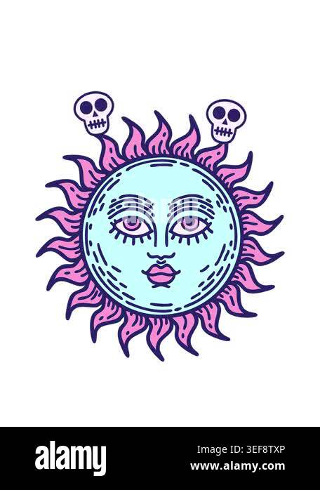 spinning skulls animation of tattoo in traditional style of a sun with ...