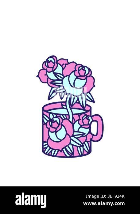 stretching up animation of a tattoo in traditional style of a cup and ...