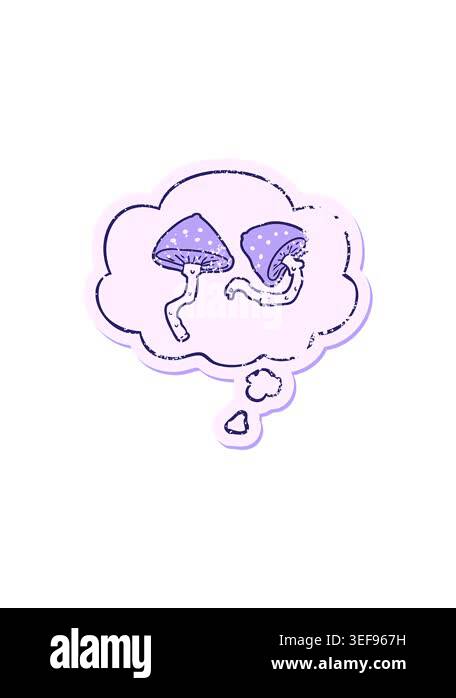 radioactive glowing animation of cartoon mushrooms with thought bubble ...
