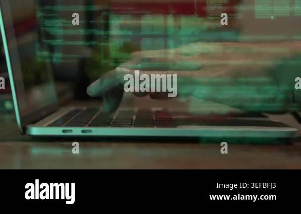 Close up of hands typing on a keyboard with animated code overlays on ...
