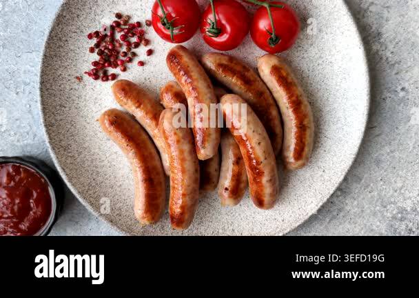 Grilled or barbecued chicken sausages for the dinner table. Grilled ...