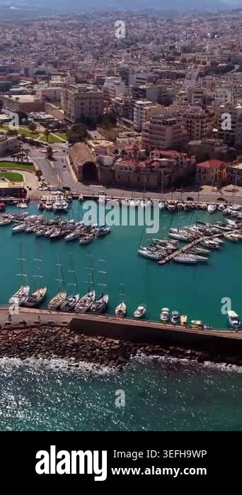 Aerial drone view of Heraklion Koules fortress with view to the yacht ...