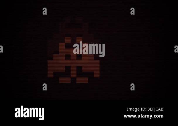 A vintage pixel art alien invader character animates in a loop against ...