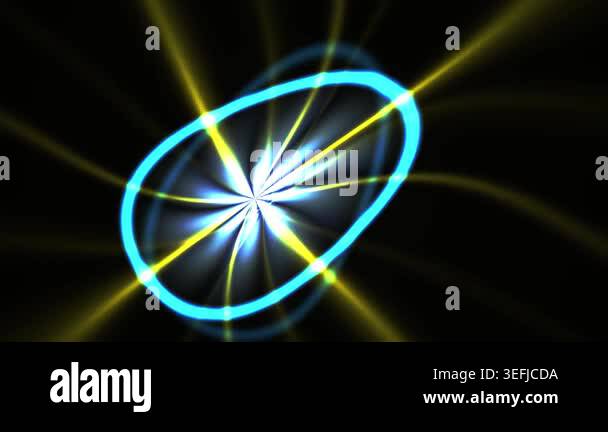 Glowing blue rings with yellow light rays on black background Stock ...
