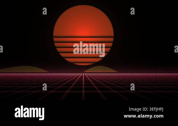 A classic synthwave aesthetic featuring a large glowing red sun setting ...