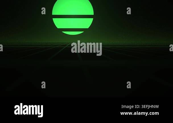 An animated retro synthwave style landscape featuring a glowing green ...
