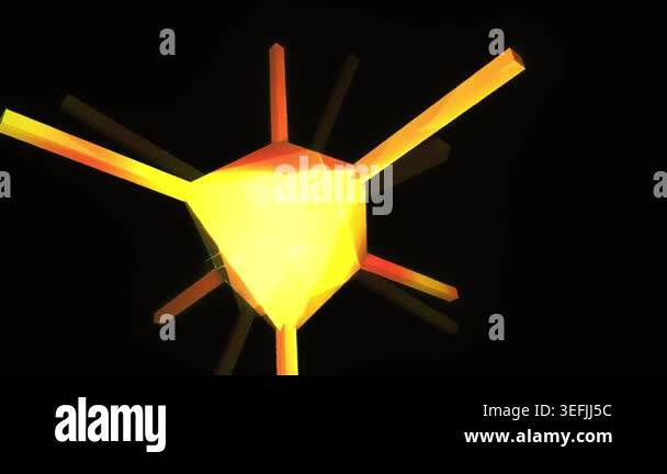 A 3D abstract yellow geometric form with multiple arms rotating and ...
