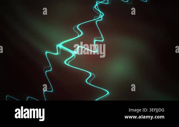 Abstract animation of glowing cyan neon light waves moving in a zigzag ...