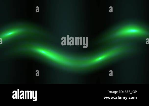 Abstract animation featuring smooth green glowing light waves flowing ...