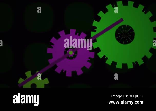 Three colorful gears, green, purple, and yellow, interlock and rotate ...