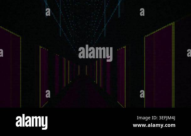A dark digital corridor with glowing neon lines forming a perspective ...