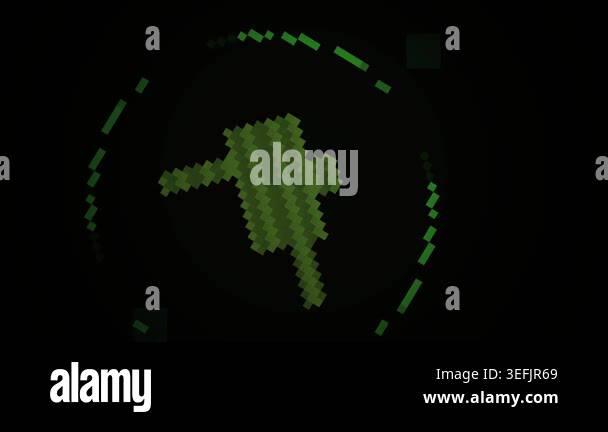 A dark video background featuring glitchy green pixel art shapes ...