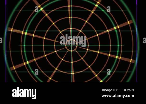 Abstract digital radar interface with glowing circular grid lines and ...
