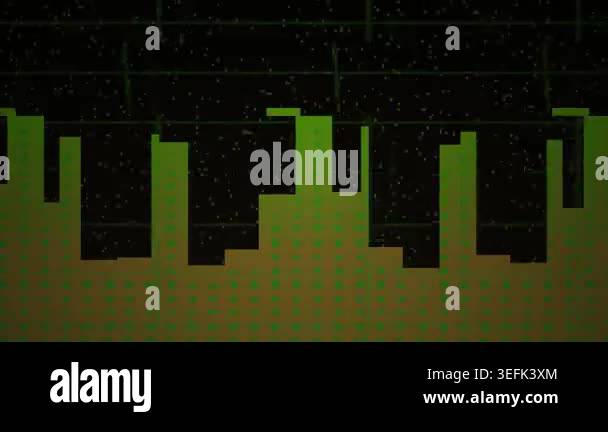 A green and black pixelated cityscape background with rectangular ...