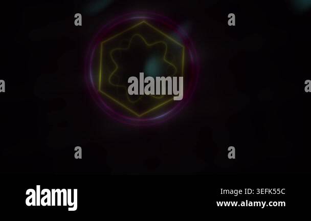 A dark abstract background featuring a rotating glowing geometric ...