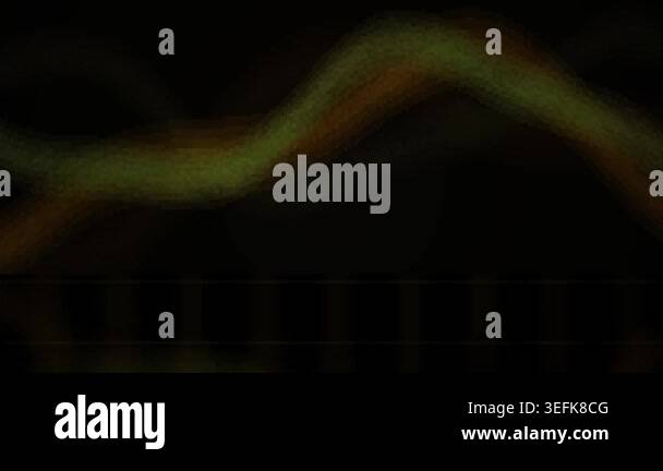 An abstract animation of glowing green and orange light waves ...