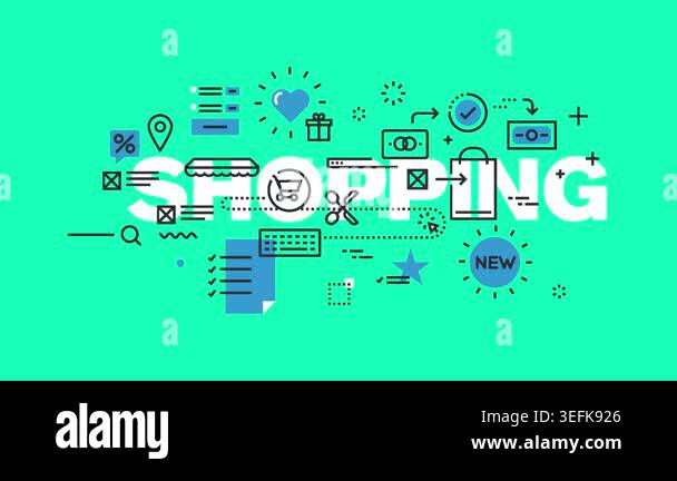 Motion of various shopping icons arranged creatively on a turquoise ...