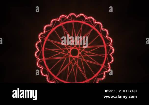 An abstract geometric pattern created by red neon lights rotating in a ...