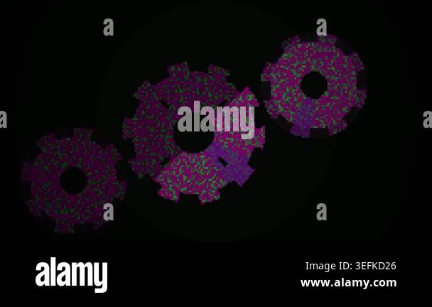 Abstract animation of three mechanical gears rotating on a dark ...