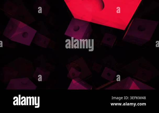 Abstract animation of neon pink 3D cubes floating in a dark environment ...