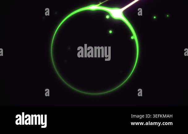 Abstract animation of a bright green neon circle emitting light trails ...