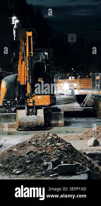 Heavy yellow excavator waiting near deep hole and excavated earth ...