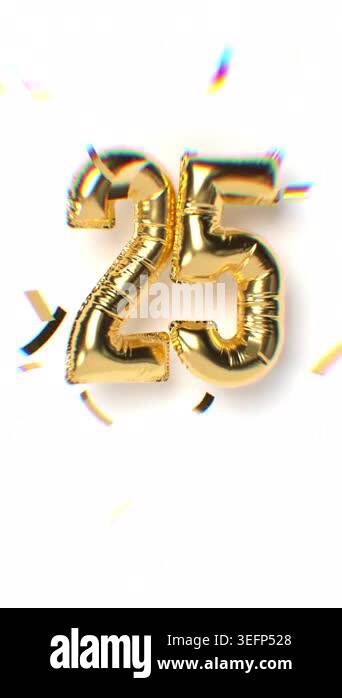 Number 25 Moving Gold Balloon Text and Falling Soft Focus Confetti With ...