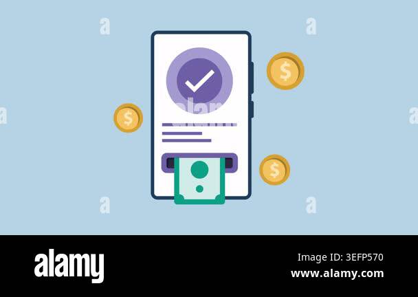 Smartphone Dispensing Money and Coins with Success Check 2d Animation ...