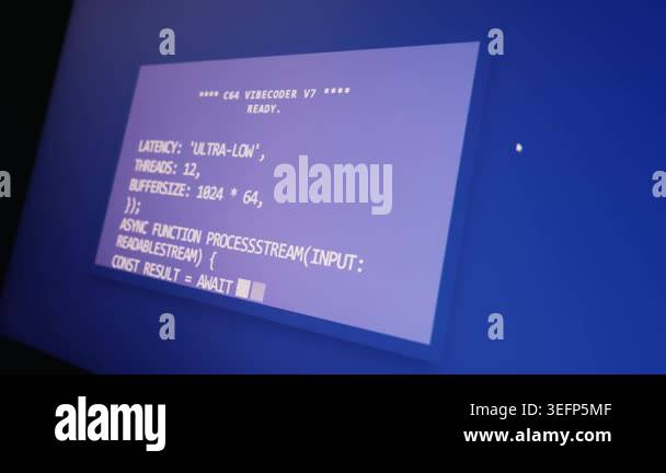 A blue computer monitor displays a retro style terminal interface ...