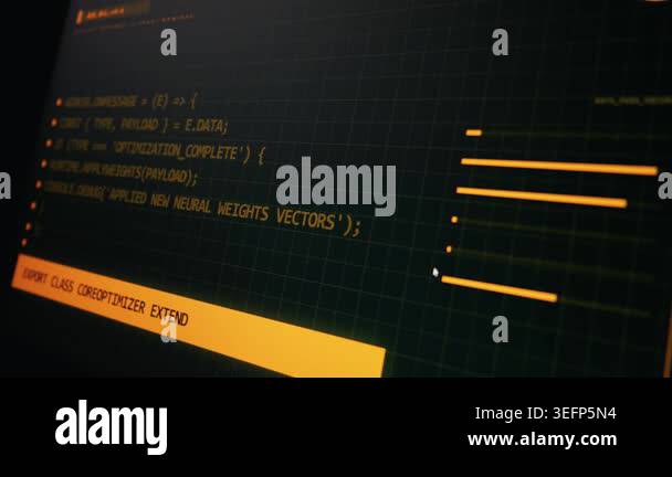 Glowing orange and green programming code scrolls across a dark digital ...