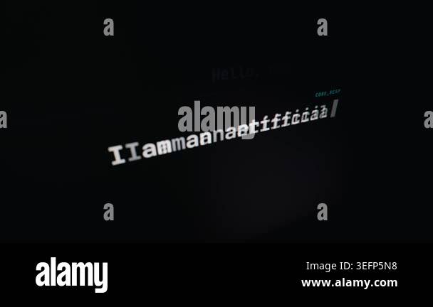 Glitchy glowing text types an artificial intelligence response on a ...