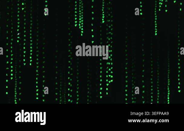 Green alphanumeric and Japanese katakana characters move from the top ...