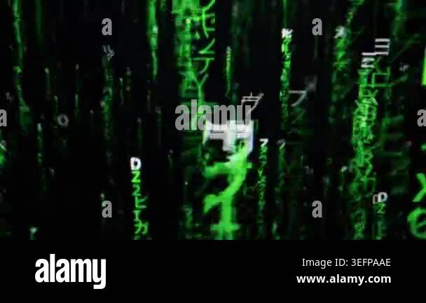 Neon green digital characters and symbols fall vertically down a black ...