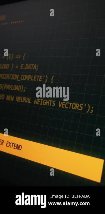 Glowing yellow programming code scrolls across a dark futuristic ...