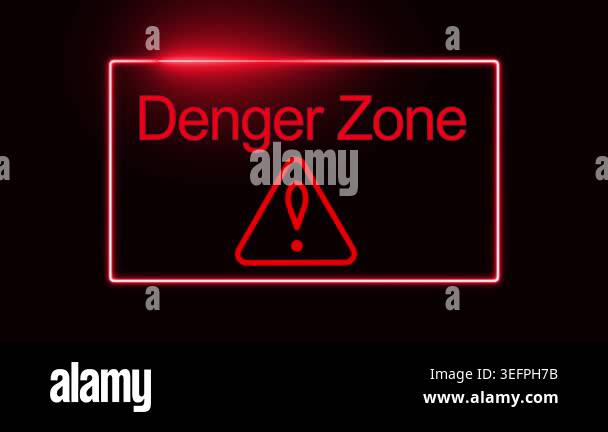 Red neon danger zone alert sign glowing exclamation mark triangle ...