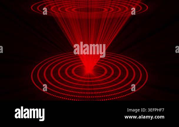 Glowing red light beam with concentric circles on black background ...