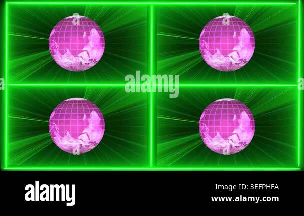 Animated four pink globes with grids and neon green frames against ...