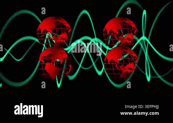 Red Globe Centered with Green Wavy Lines on Black Background world ...
