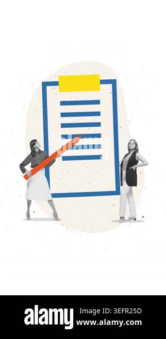 Business women complete document in animated collage with large ...