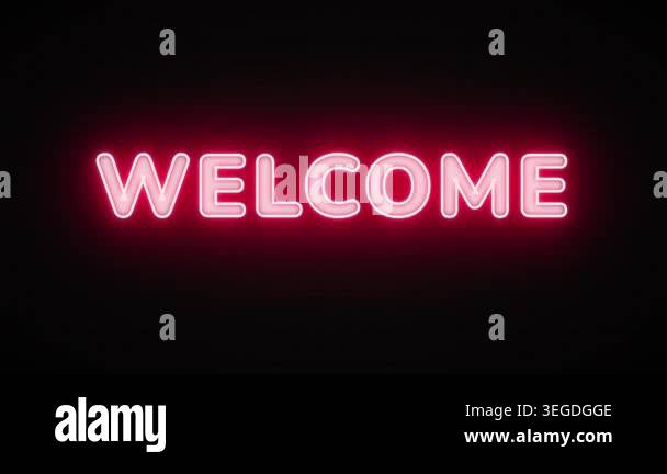 Bright Pink Neon Welcome Sign Glowing on Dark Brick Wall Stock Video ...
