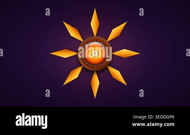 Animated stylized sun symbol with golden rays and a glossy orange ...