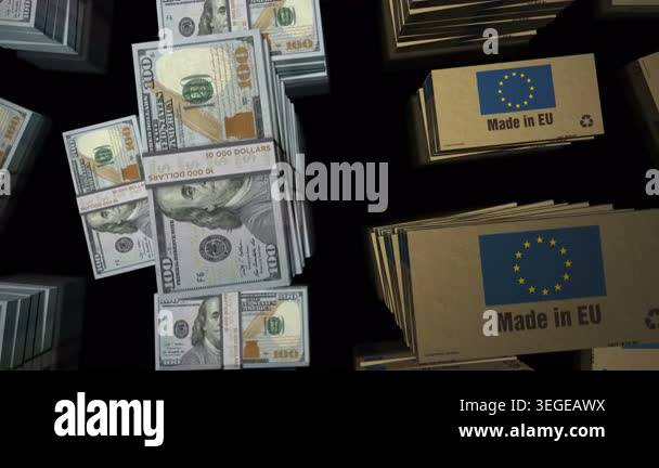 Made in EU box and US Dollar money bundle stacks. European Union export ...