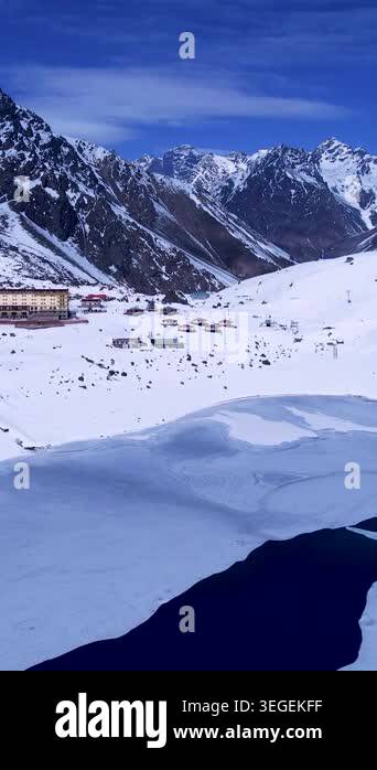 Panoramic view of Ski station centre resort at snowy Andes Mountains ...