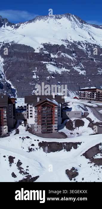 Panoramic view of Ski station centre resort at snowy Andes Mountains ...