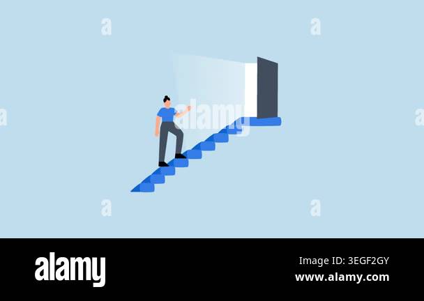 Career opportunity, businesswoman employee walk up stair to open door ...