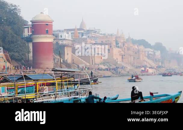 varanasi religious tourism scene at sacred indian riverbank with ...