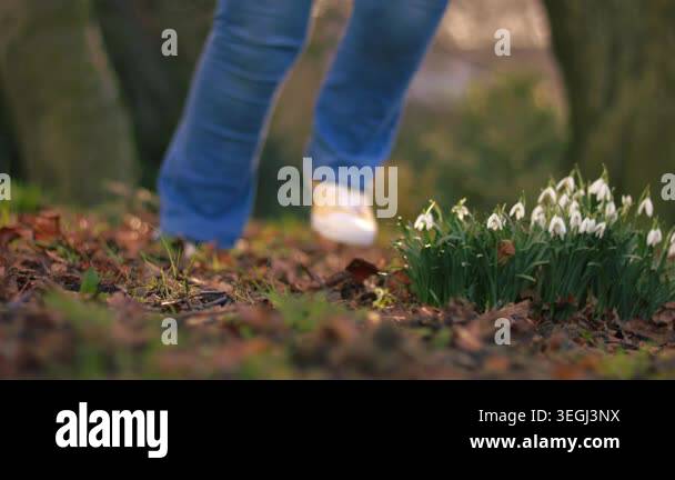 Runner jumping over snow drop flowers in Spring close up 4k shot slow ...