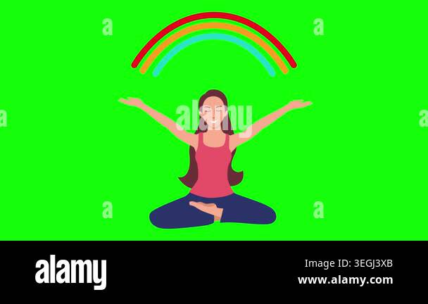 Cartoon animation of a beautiful woman doing yoga, emitting a rainbow ...