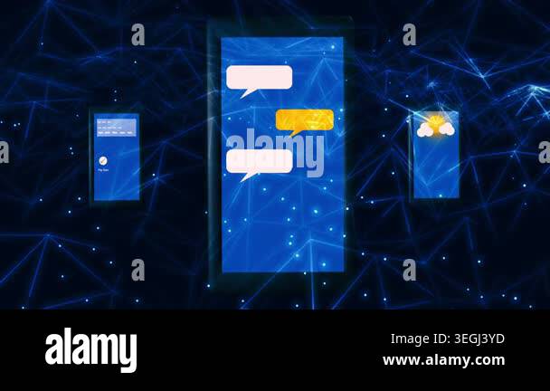 Mobile phones display apps on plexus background 4k animation Stock ...