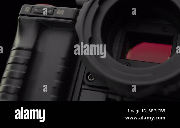 Macro view of a mirrorless digital camera body showing the exposed ...